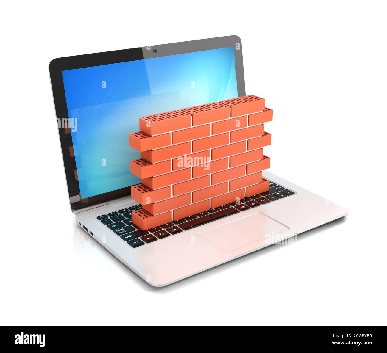 Computer security, firewall 3d concept, brick wall protecting laptop ...