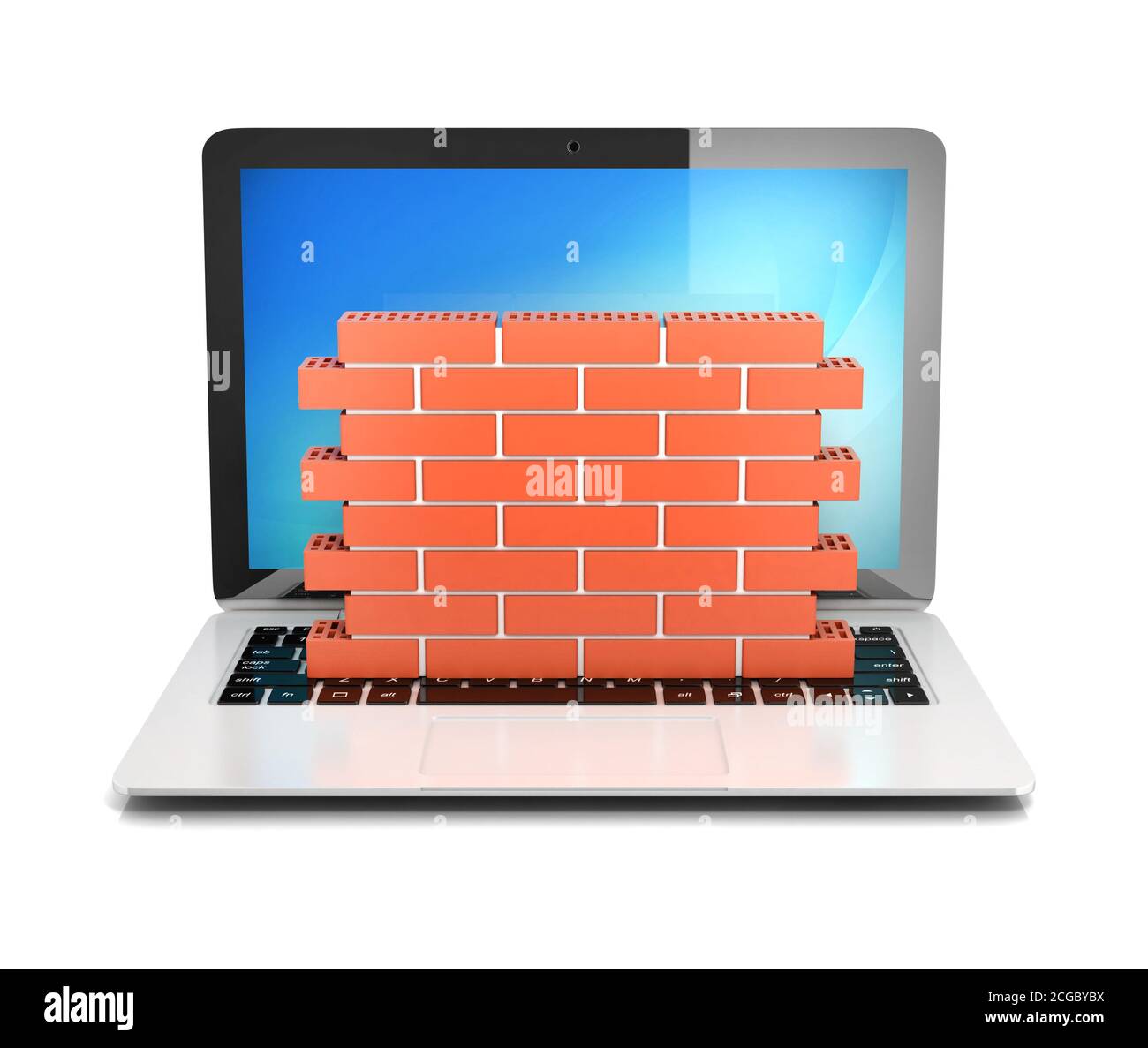 Computer security, firewall 3d concept, brick wall protecting laptop ...