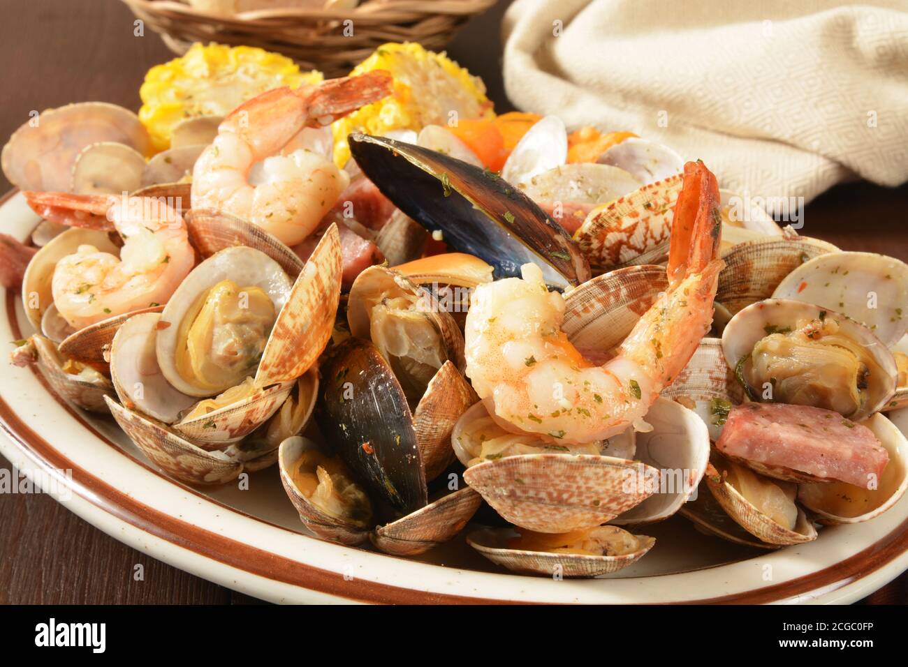 New England style clam bake wiht shrimp, mussels, corn and potatoes ...