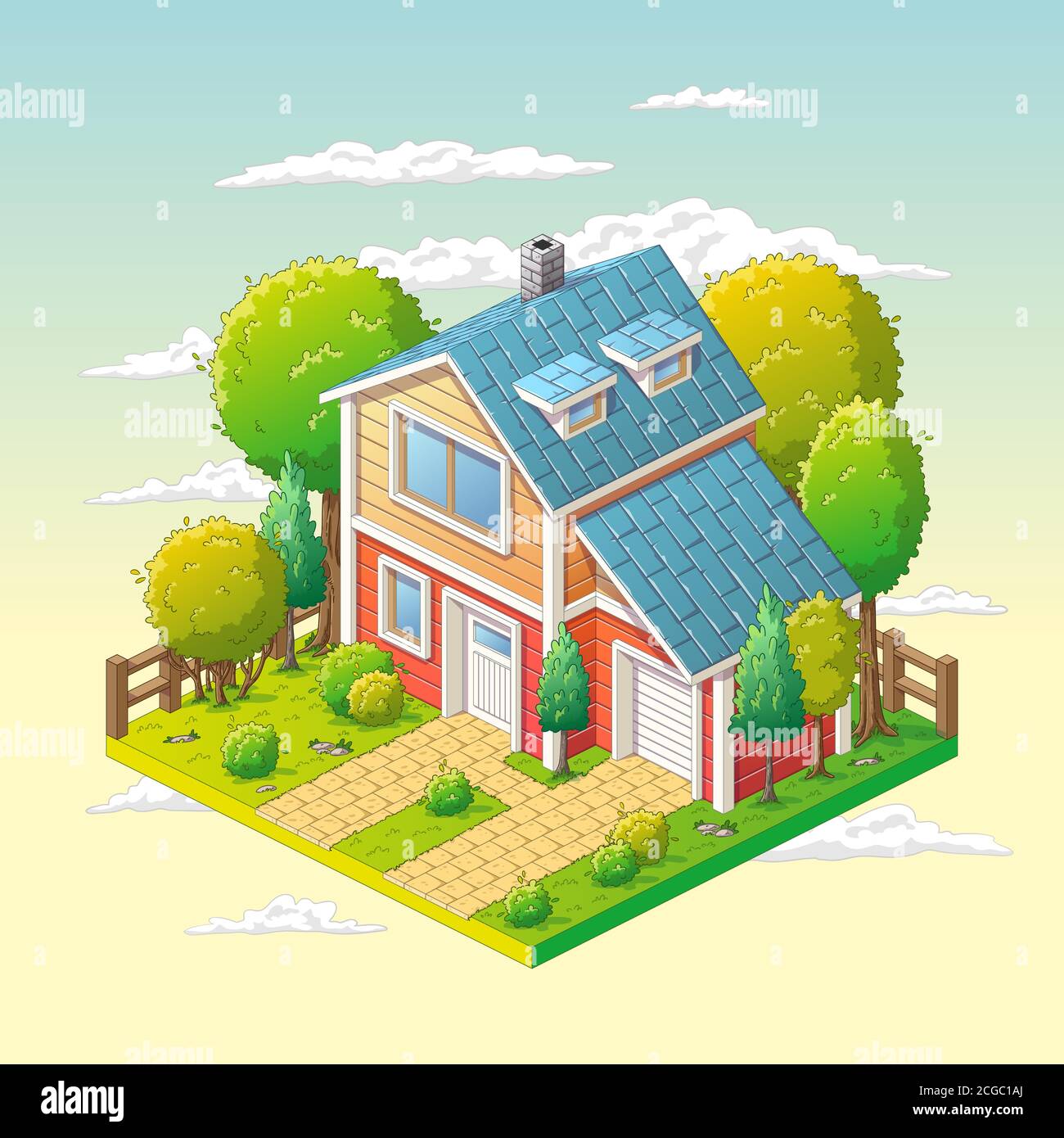 Isometric house with garden. Hand drawn vector illustration with ...