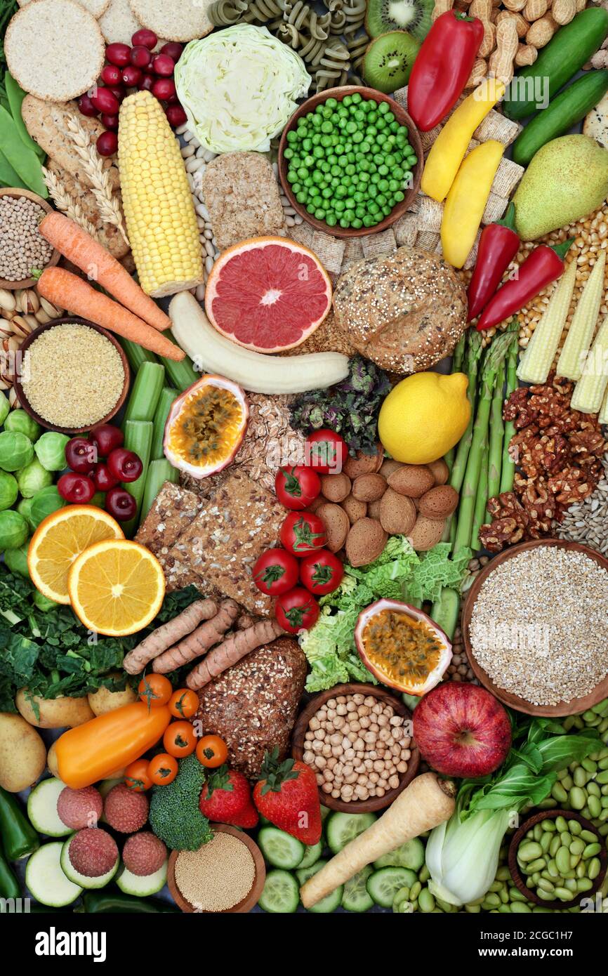Highly nutritious high fibre healthy food with fruit, vegetables, grain ...