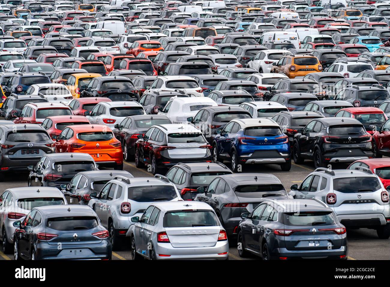 Car terminal in the inland port Logport I, in Duisburg at river Rhein ...