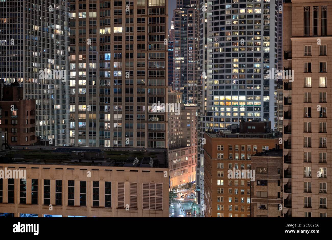 Downtown skyscrapers and residential towers at night, Chicago, Illinois ...