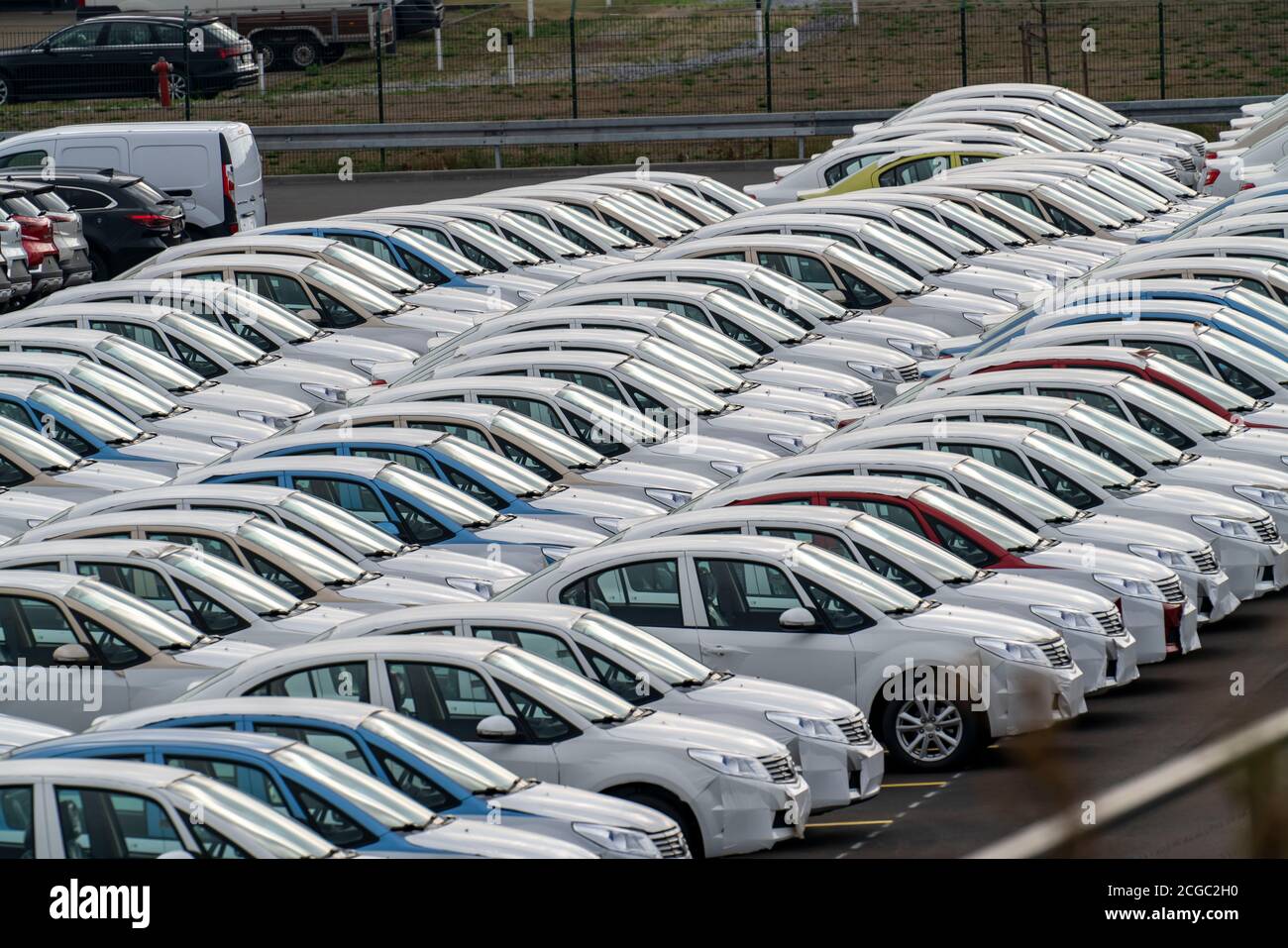 Car terminal in the inland port Logport I, in Duisburg at river Rhein ...
