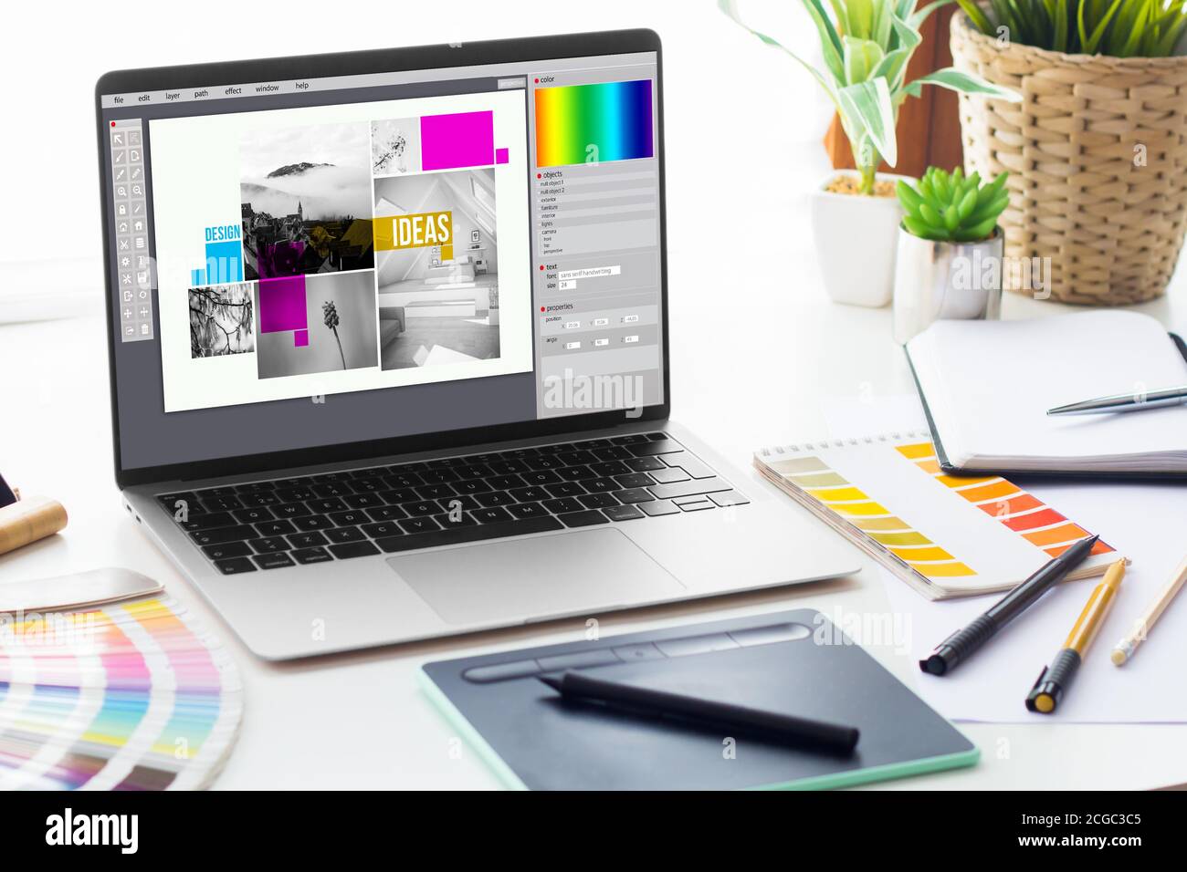 Laptop showing typesetting software on graphic designer workspace Stock ...