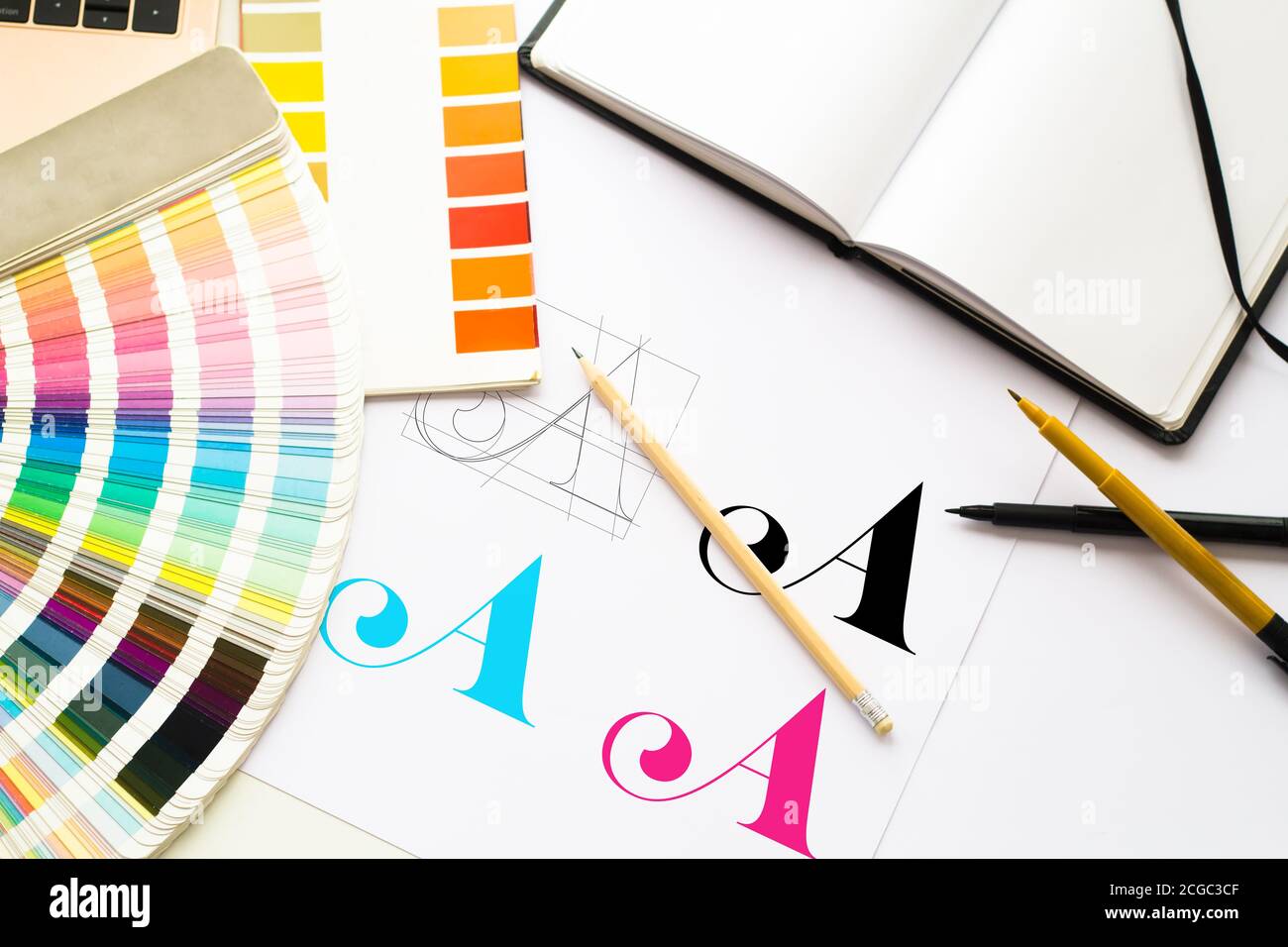 Graphic design logo composition with tools and color schemes Stock ...