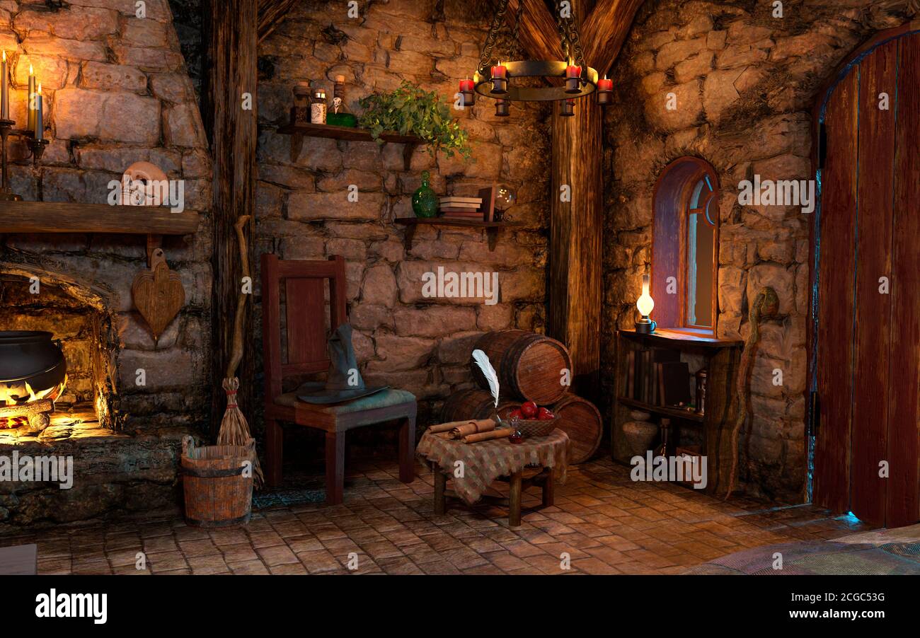 3D rendering of a medieval fairy tale cottage interior Stock Photo - Alamy