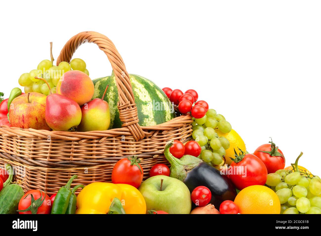 Large variety useful fruits and vegetables in basket isolated on white ...