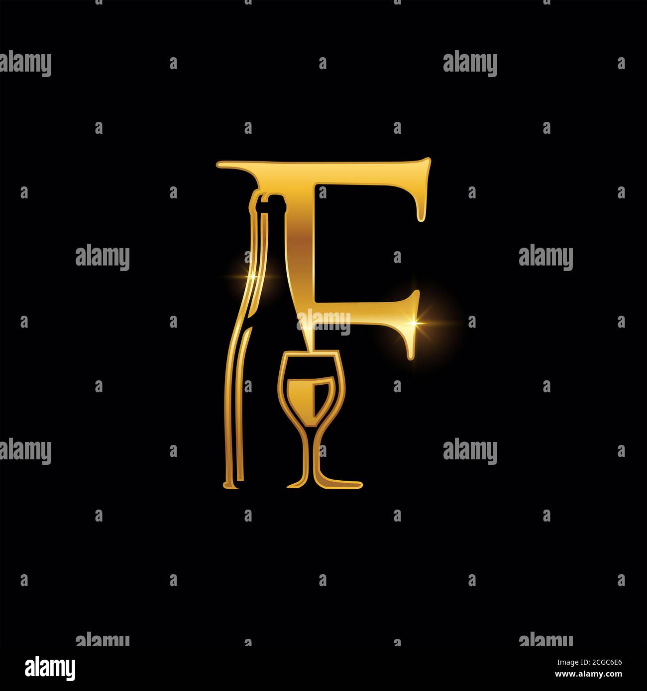 A vector illustration logo of Golden Glass and Wine Bottle Monogram ...