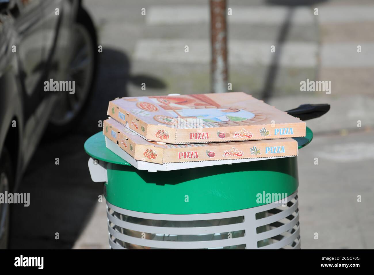 Nice, France - January 29, 2019: Empty Pizza Boxes On A Trash Can In ...