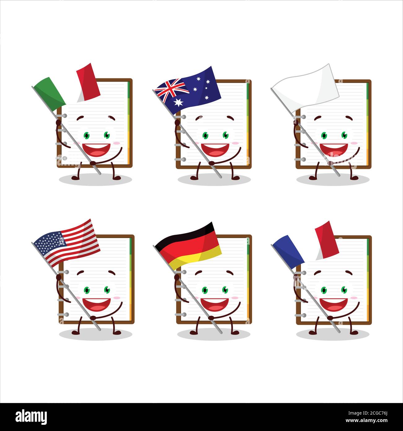 Diary notes cartoon character bring the flags of various countries ...