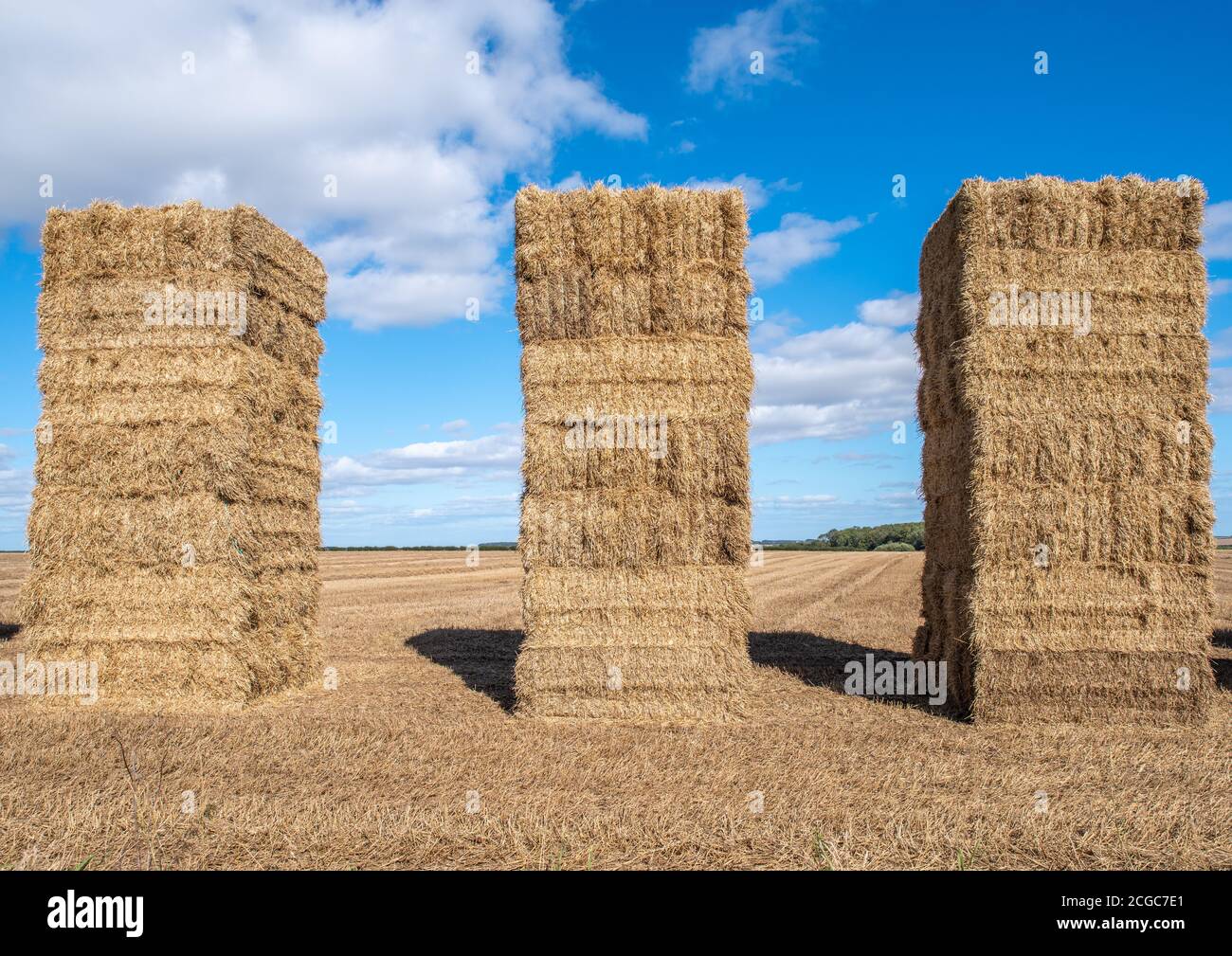 3 Bales of hay stacked high in a field with blue sky on a sunny day ...