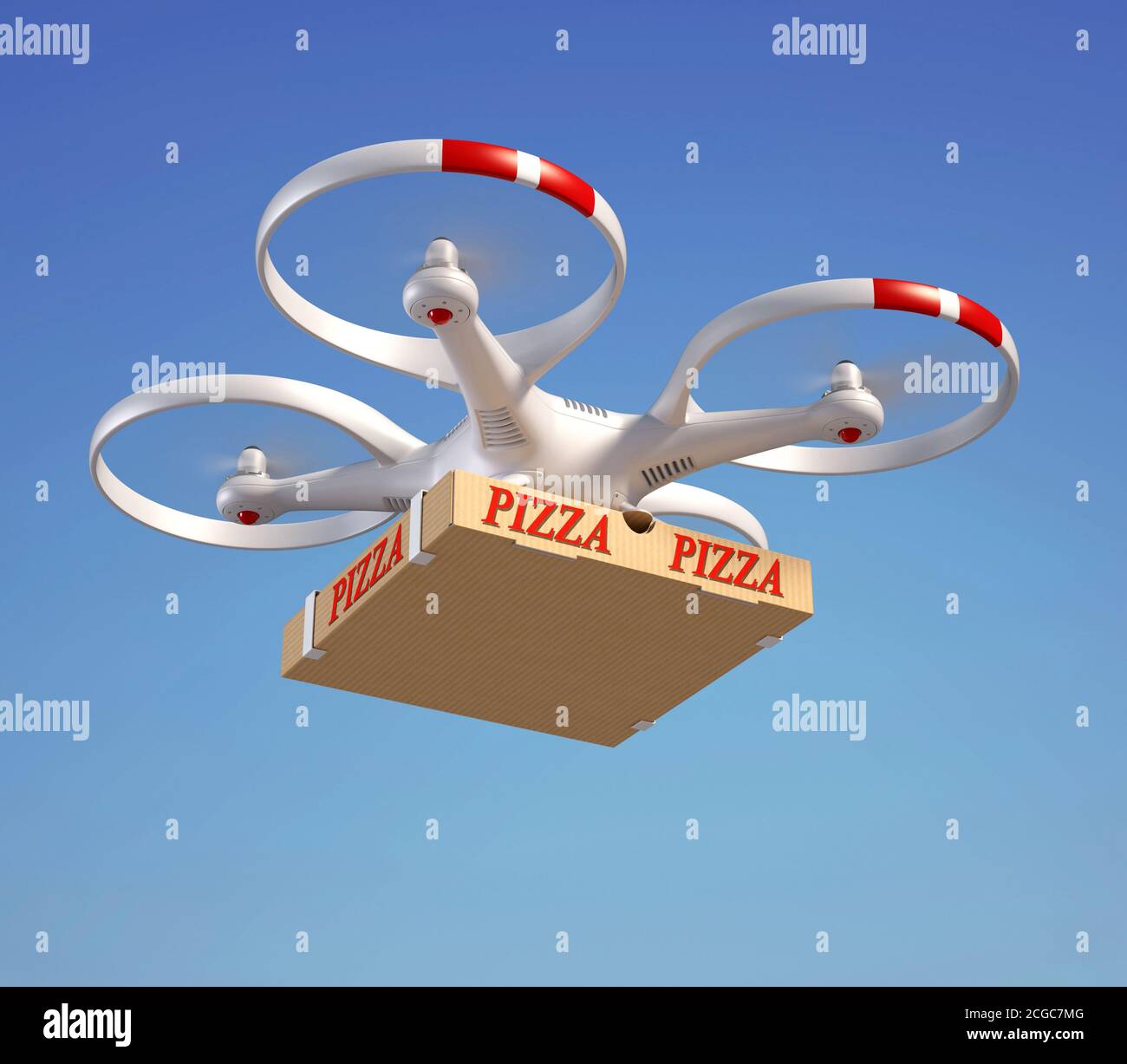 Flying drone delivering pizza box Stock Photo - Alamy