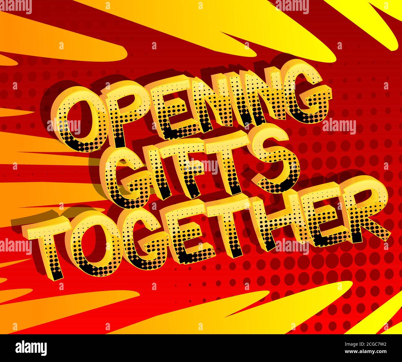 Opening Gifts Together Comic book style cartoon words on abstract ...