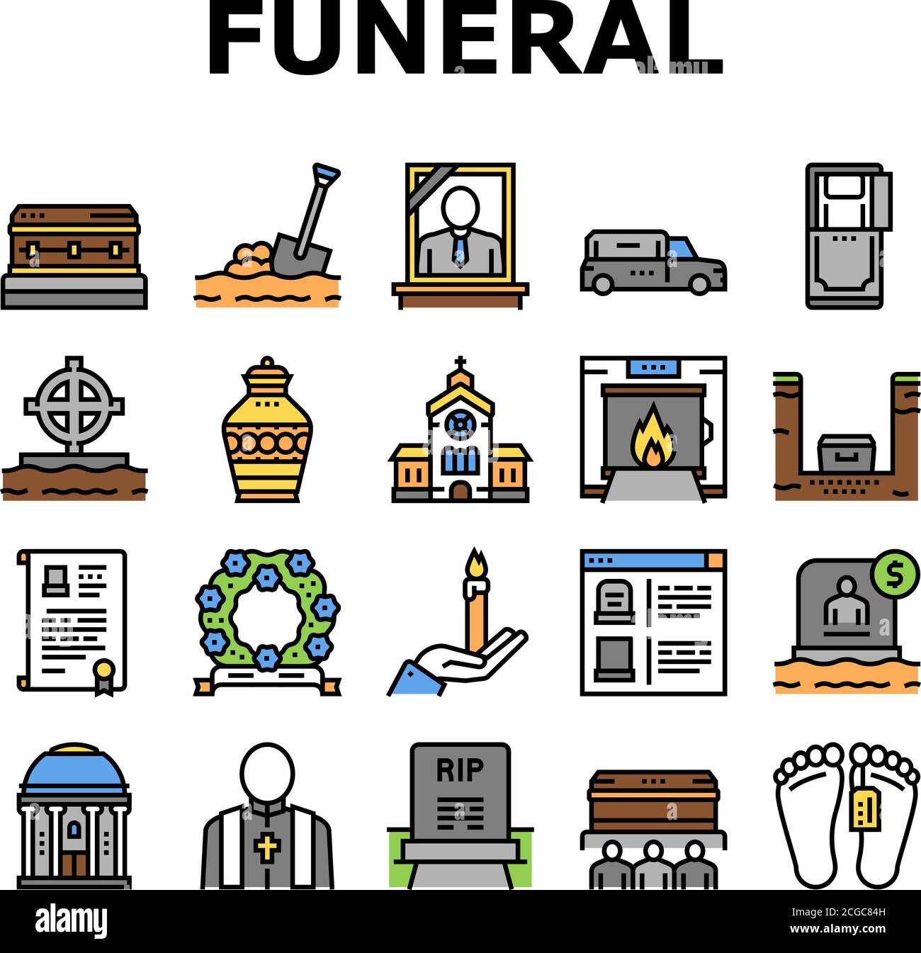 Funeral Burial Service Collection Icons Set Vector Stock Vector Image ...
