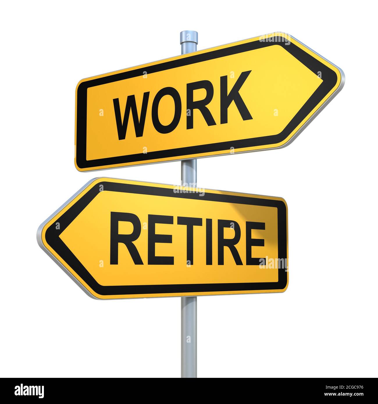two road signs - work or retire choice Stock Photo - Alamy