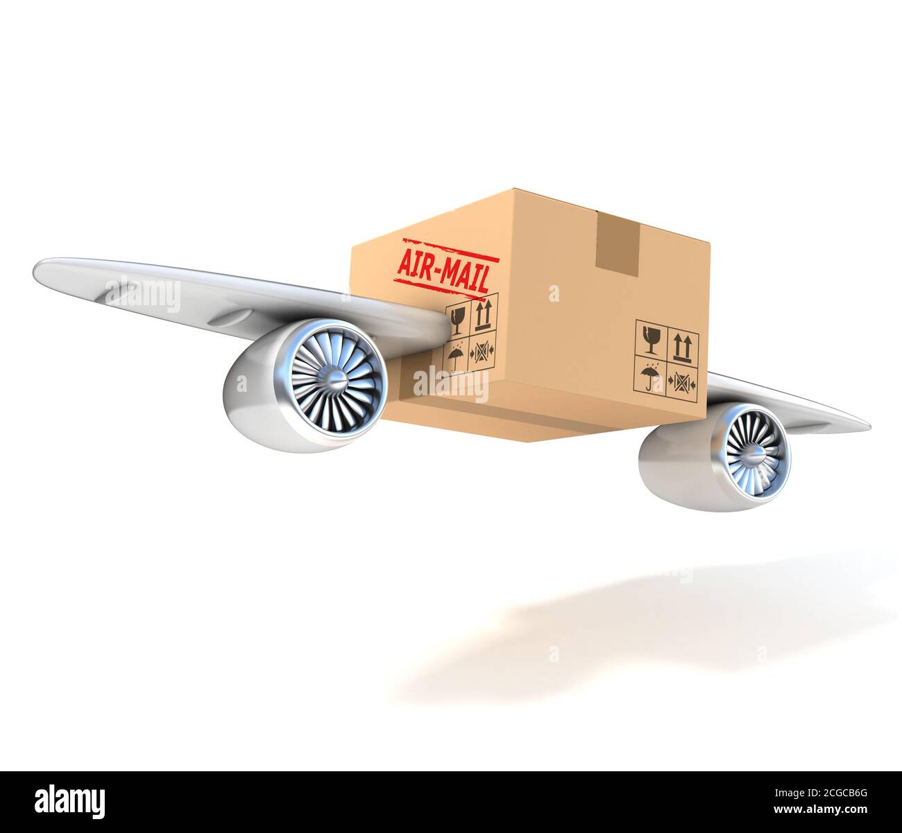 air mail 3d concept - cardboard box with wings and jet engines Stock ...