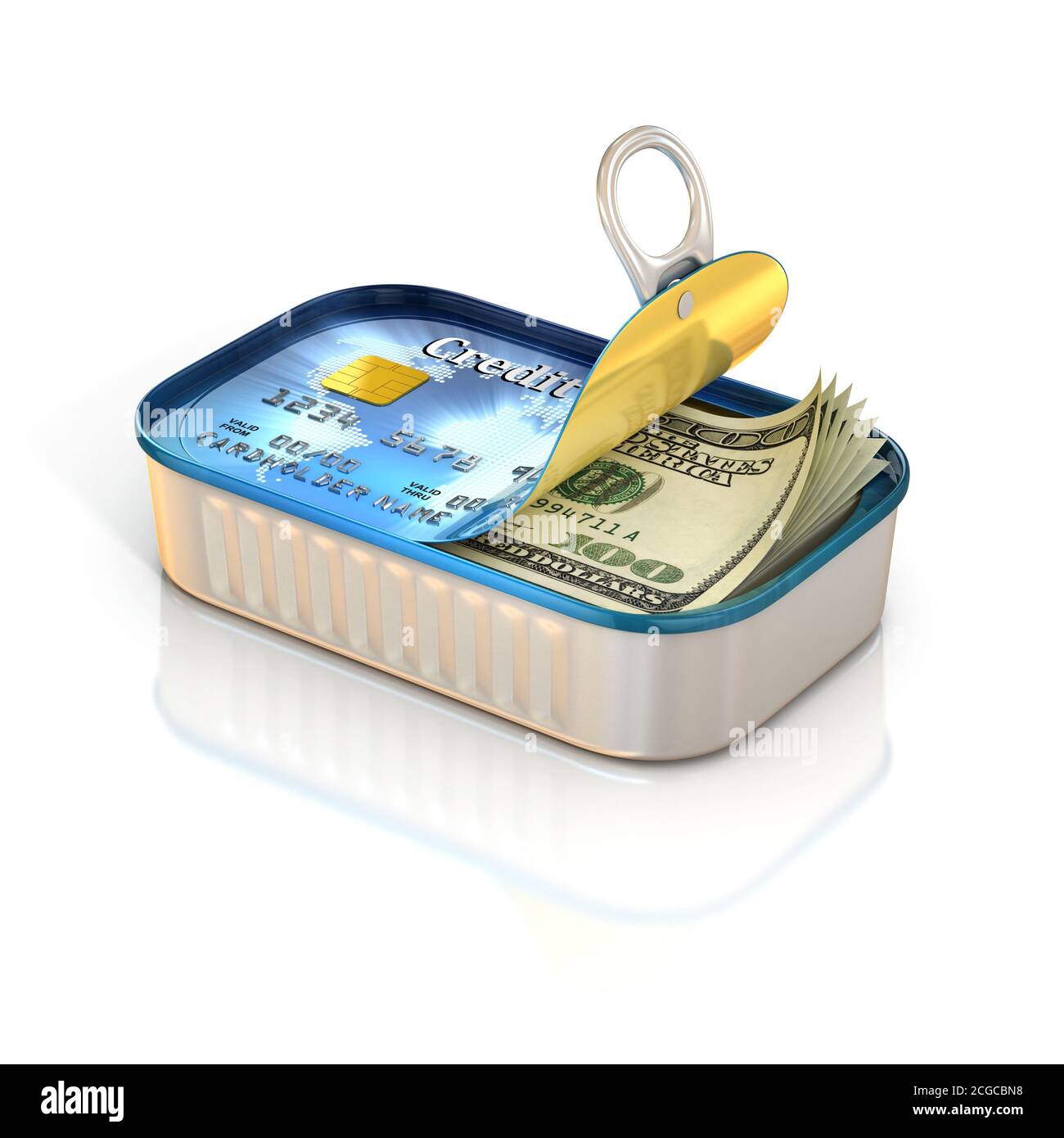 money concept - cash inside aluminum can with credit card print Stock ...