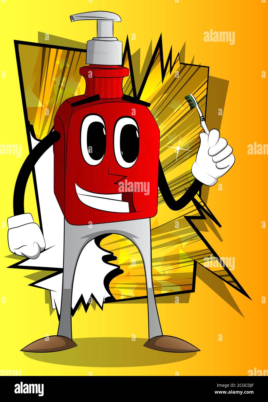 Cartoon bottle of hand sanitizer gel with face holding toothbrush Stock ...