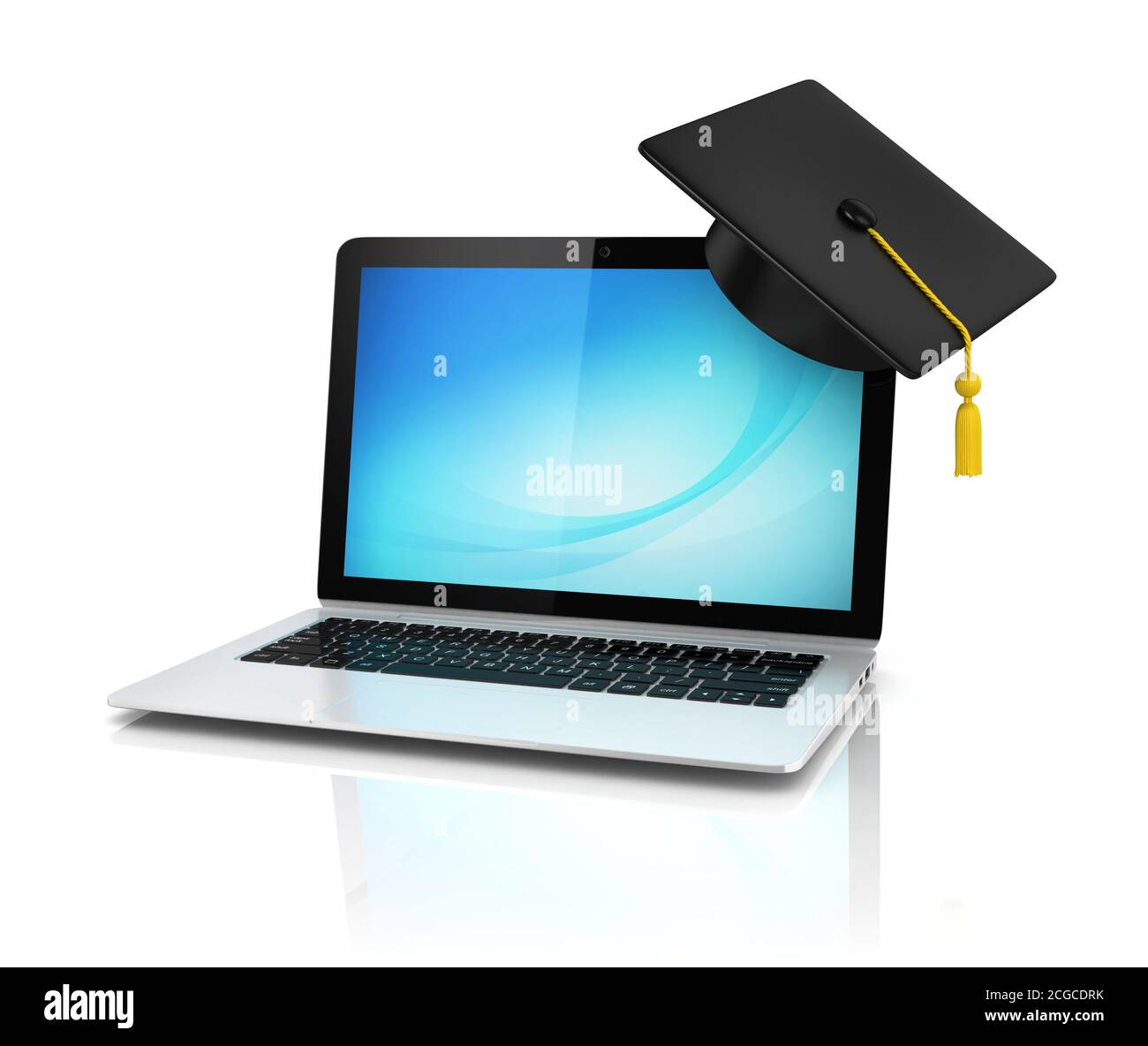 graduation cap on laptop - e-learning 3d concept Stock Photo - Alamy