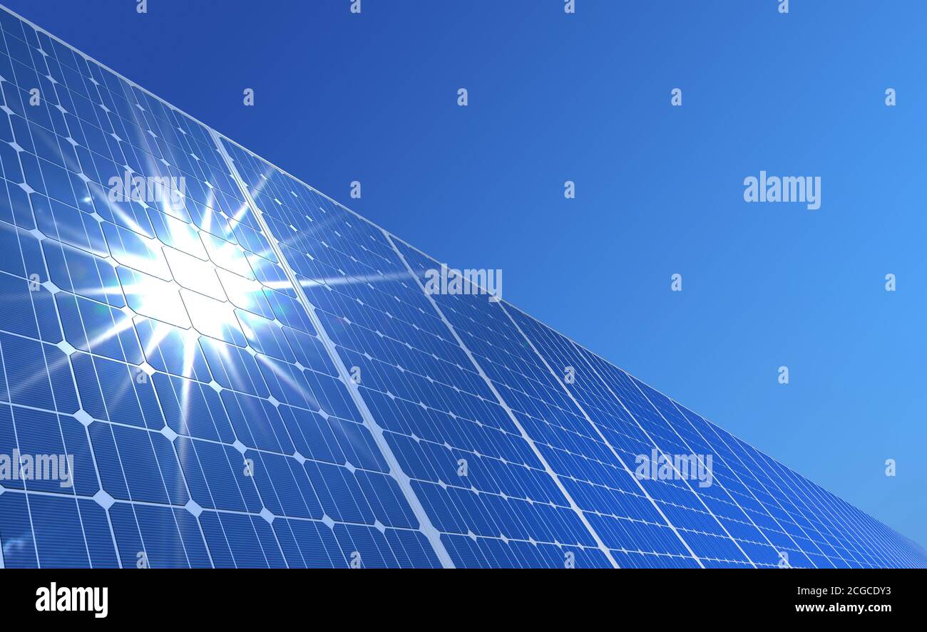 solar panels under the blue sky 3d rendering Stock Photo - Alamy
