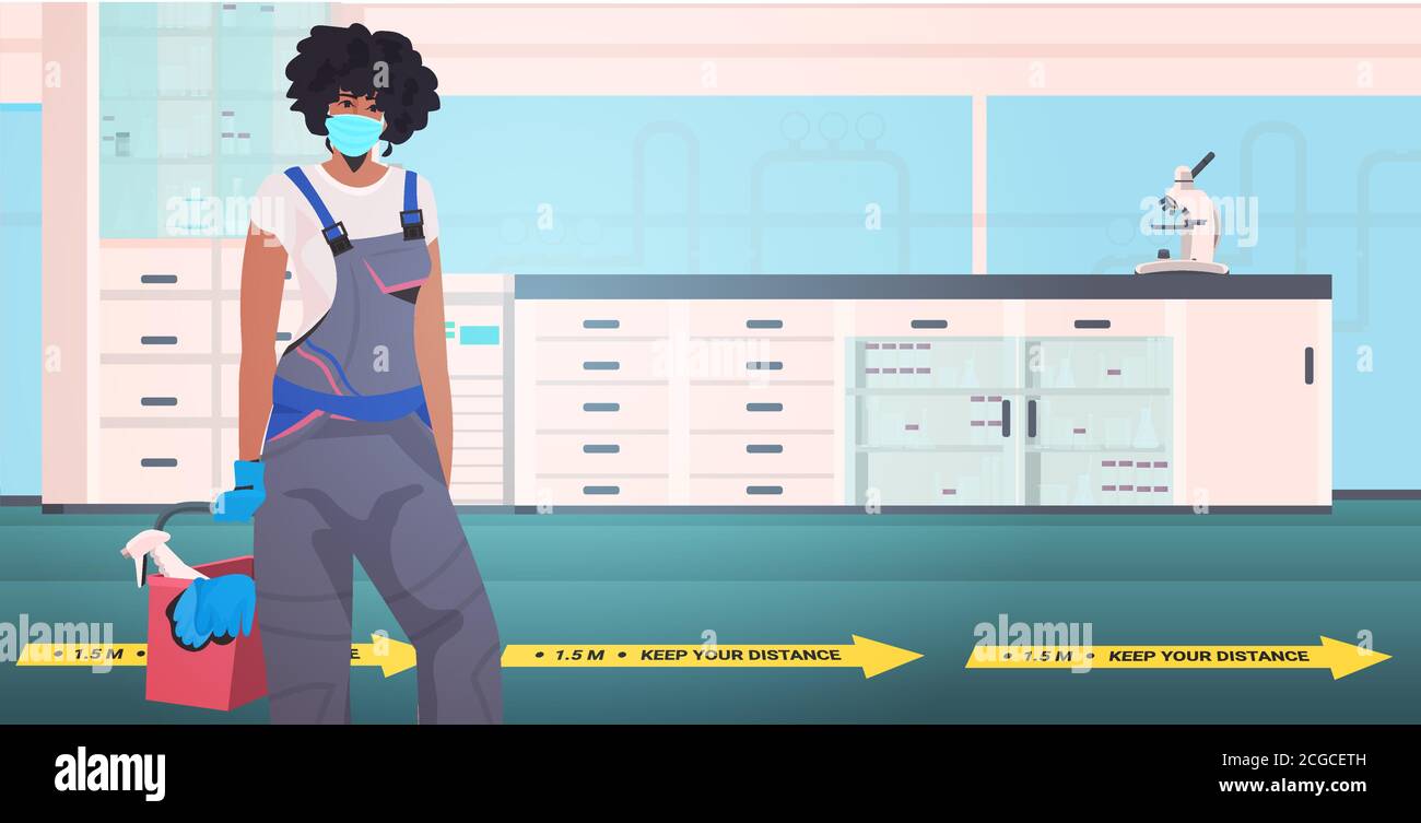 professional cleaner woman janitor keeping distance to prevent ...