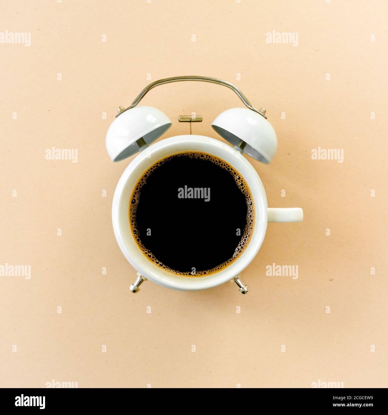 Coffee time, clock on yellow background. Flat lay, top view Stock Photo ...