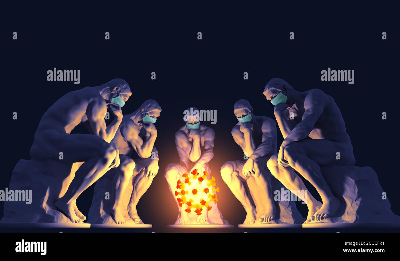Five thinkers wearing medical masks sit in front of the coronavirus ...