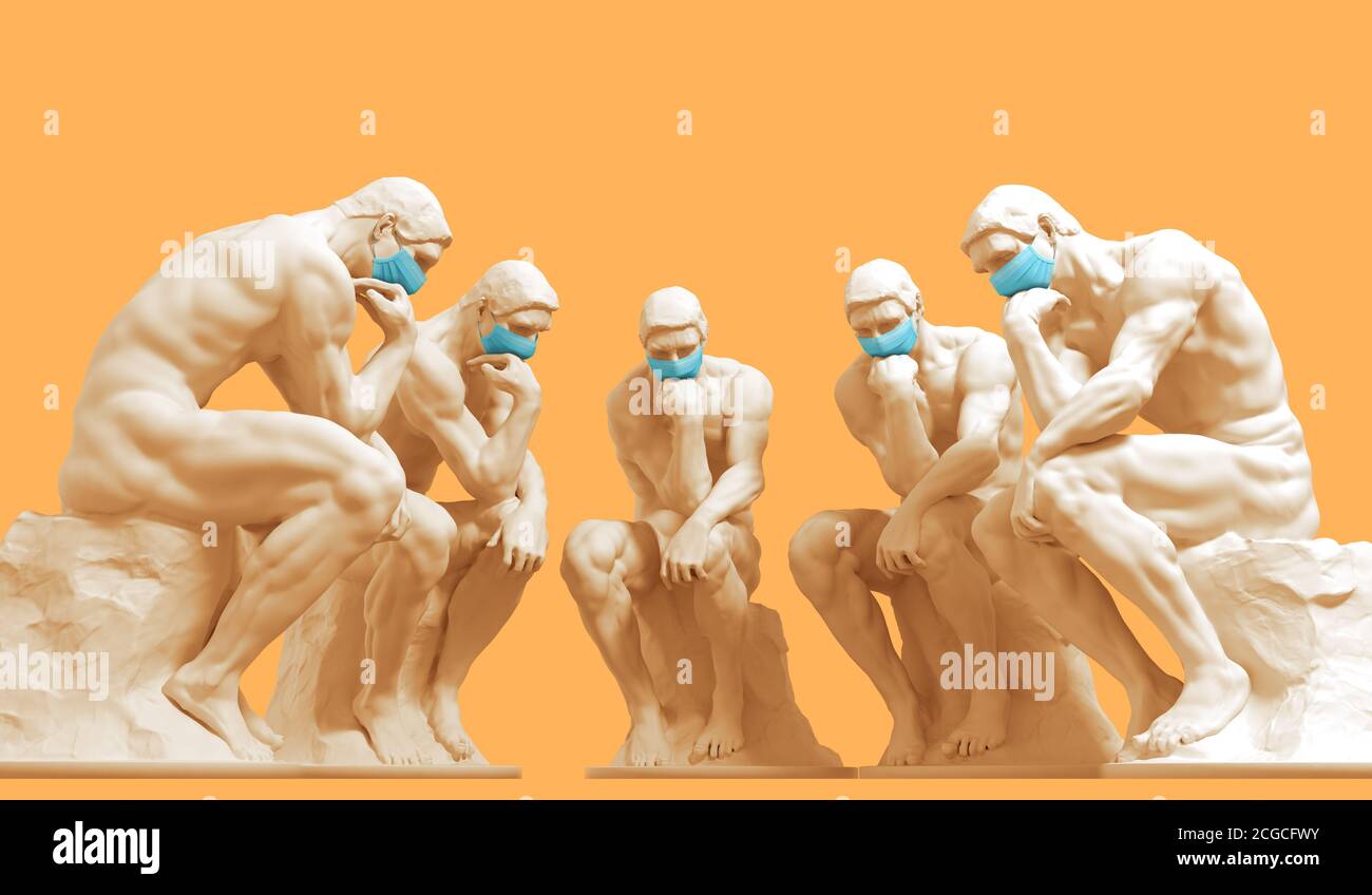 Five thinkers in medical masks ponder a solution to a problem Stock ...