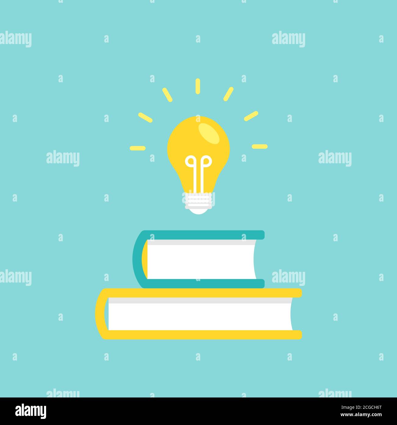 stack of books with shining bulb flying out. Flat icon isolated on blue ...