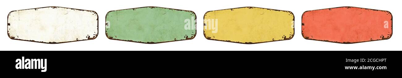 Four empty vintage tin signs on a white background Stock Photo - Alamy