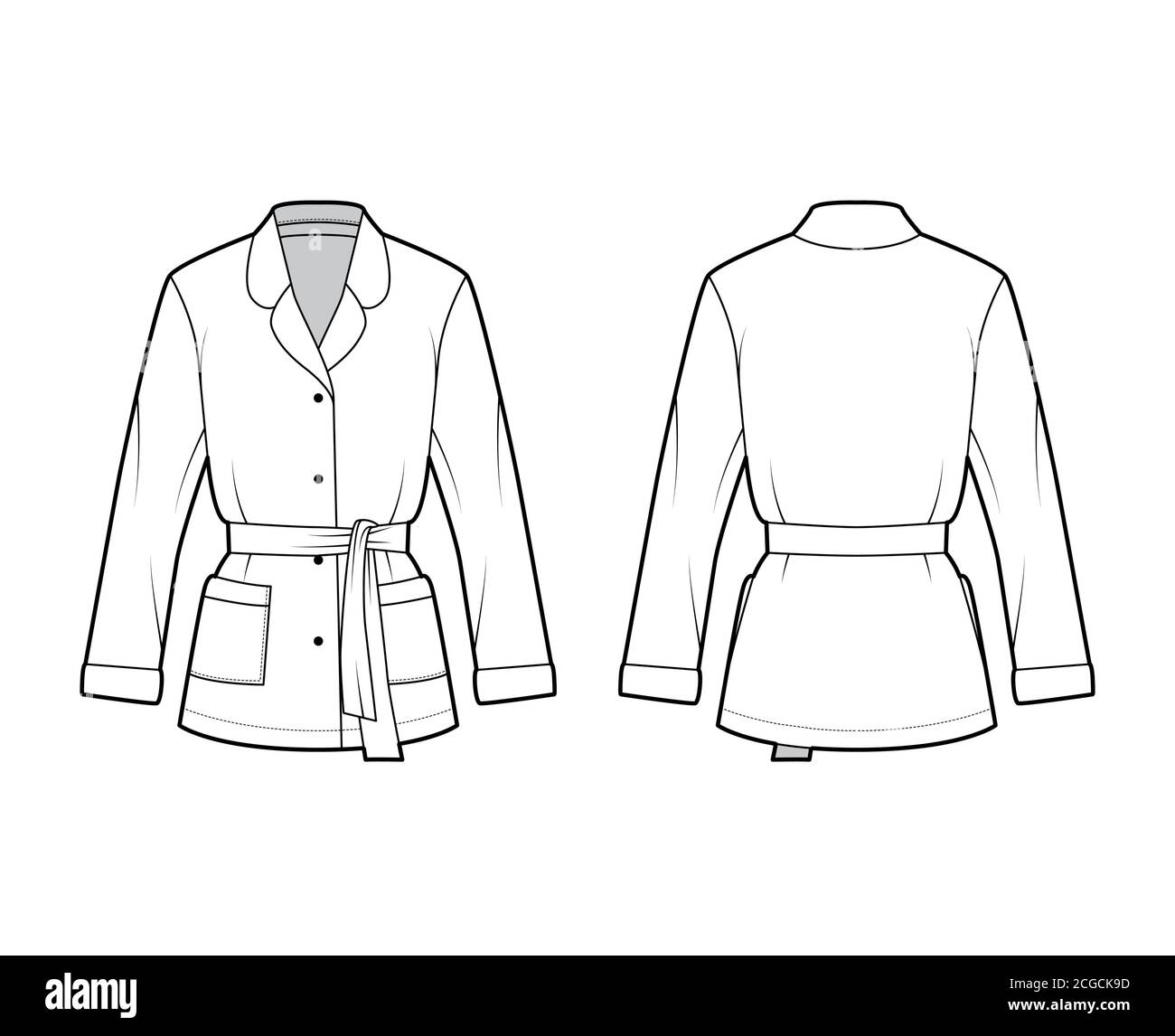 Belted pajama-style wrap shirt technical fashion illustration with ...