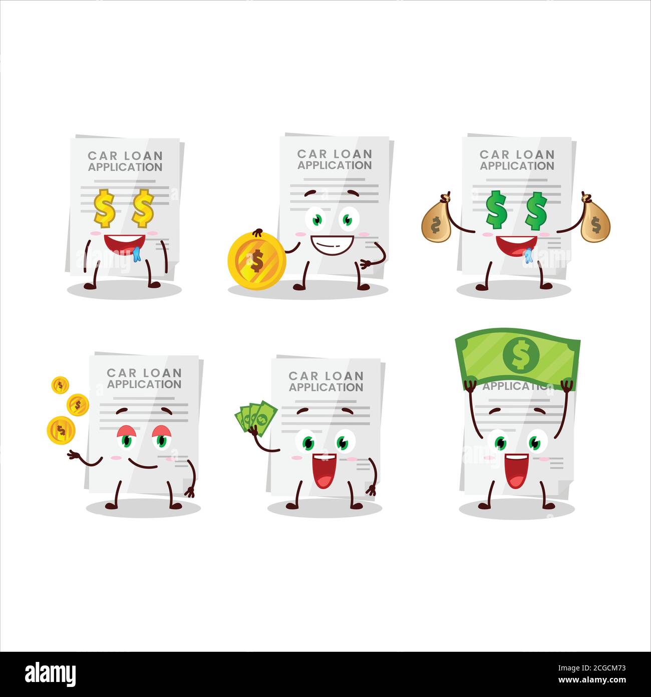 Car loan application cartoon character with cute emoticon bring money ...