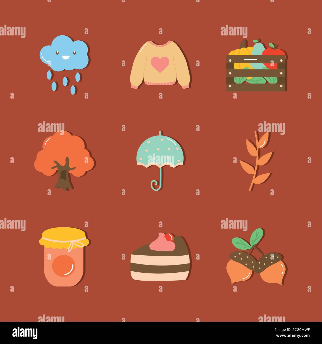 icon set of sweater and autumn over brown background, flat style ...