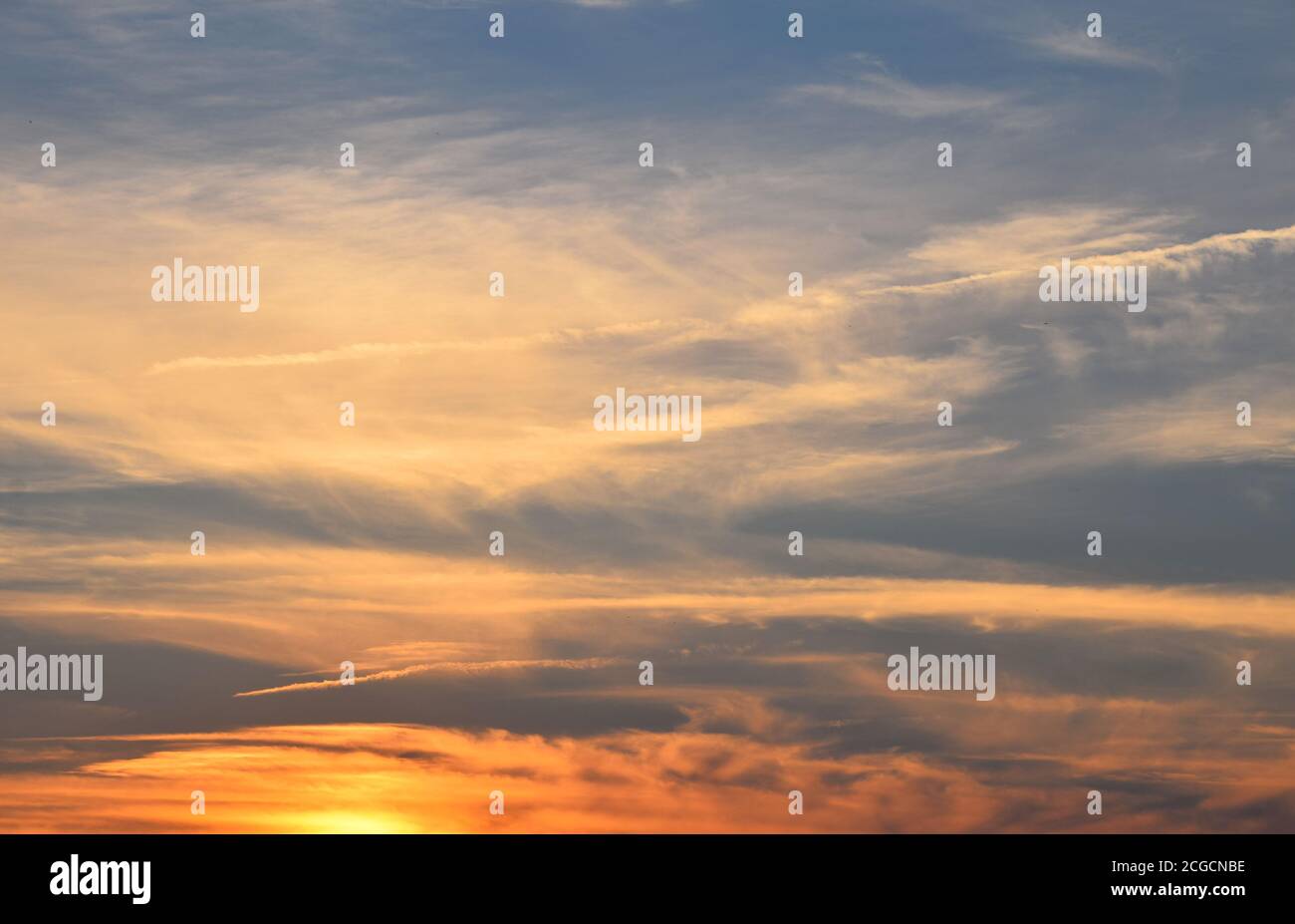 Beautiful cloudscape with orange and yellow fluffy sunset clouds over blue sky, low angle view ...