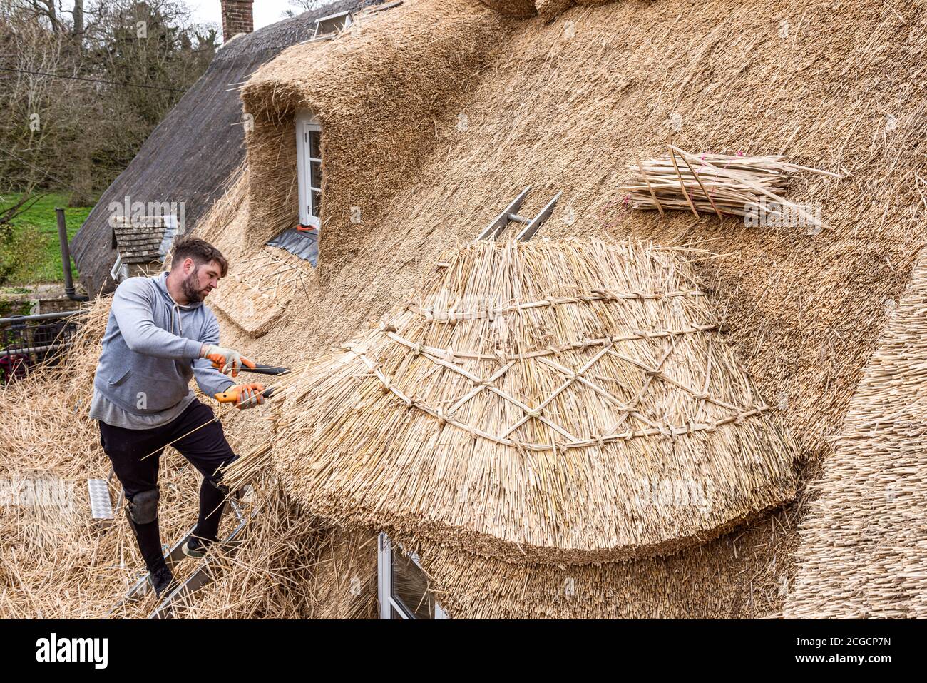 workmen thatching the roof of an old cottage Stock Photo - Alamy