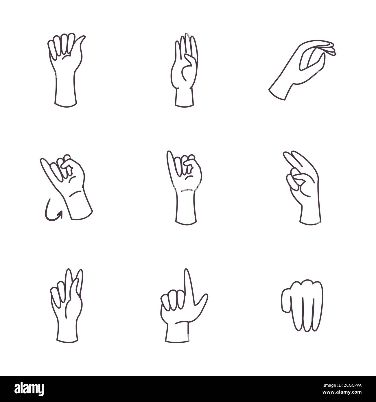 hand sign language alphabet line style icon set design of People help ...