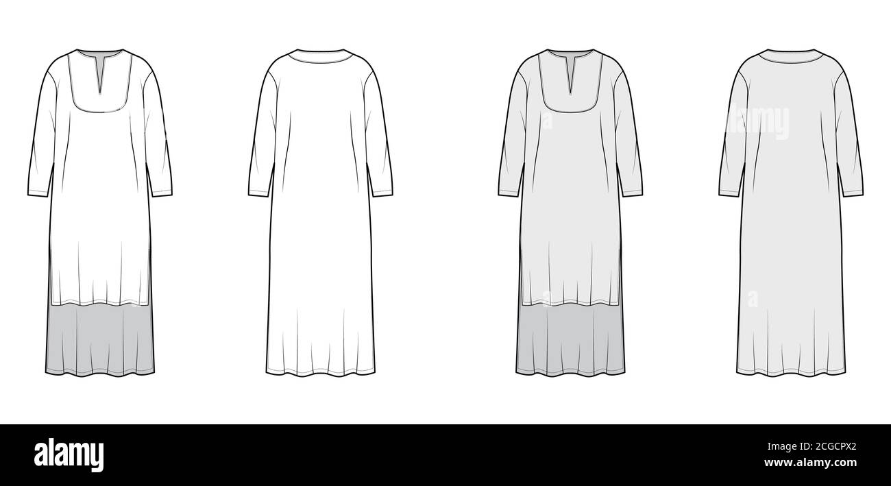 Tunic cadi dress technical fashion illustration with kaftan neck, long ...