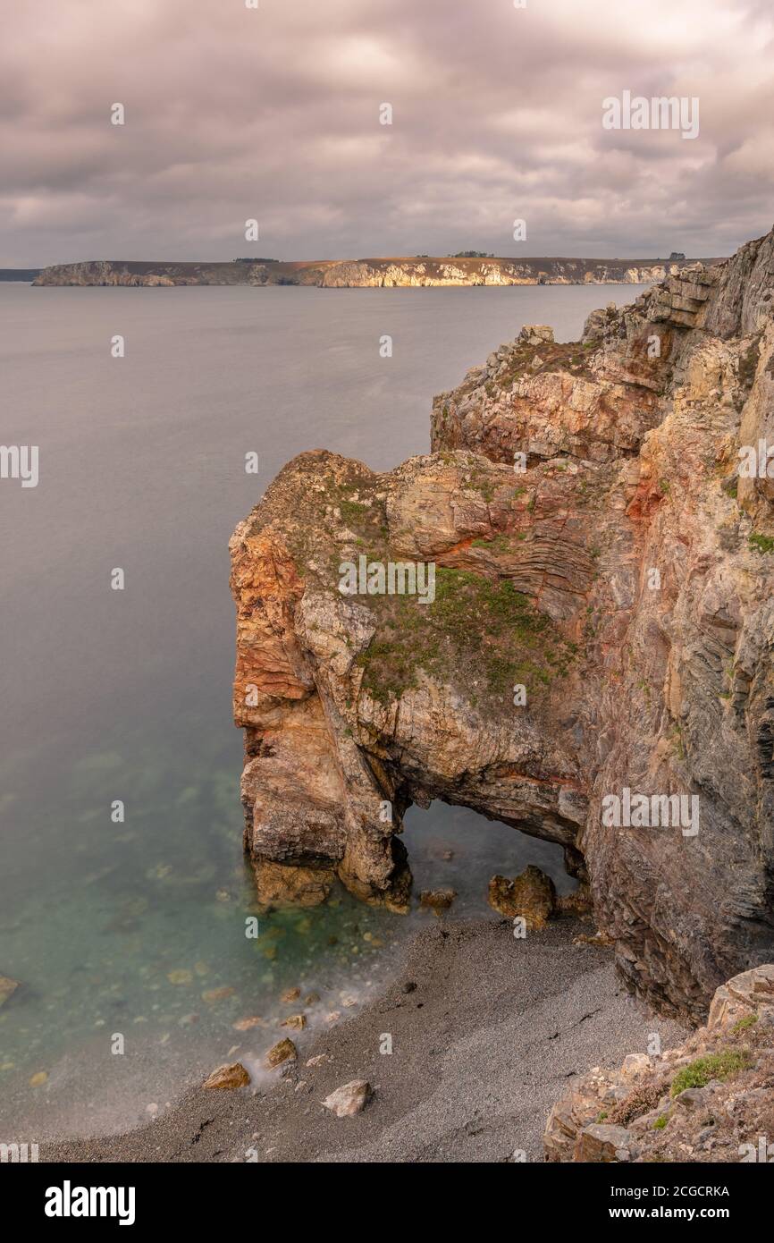 French landscape - Bretagne. Rocky coast with high and wild cliffs ...