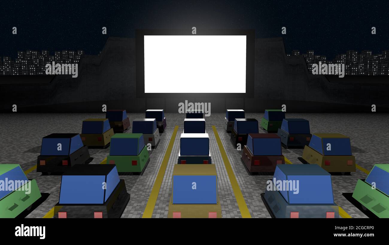 Parked cars at square to watch movies inside the car at night. Cine ...