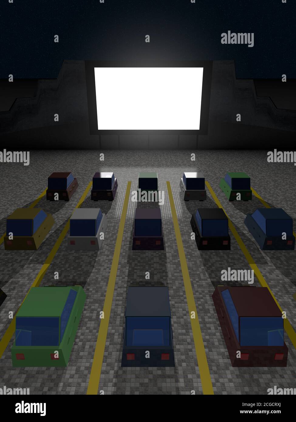 Parked cars at square to watch movies inside the car at night. Cine ...