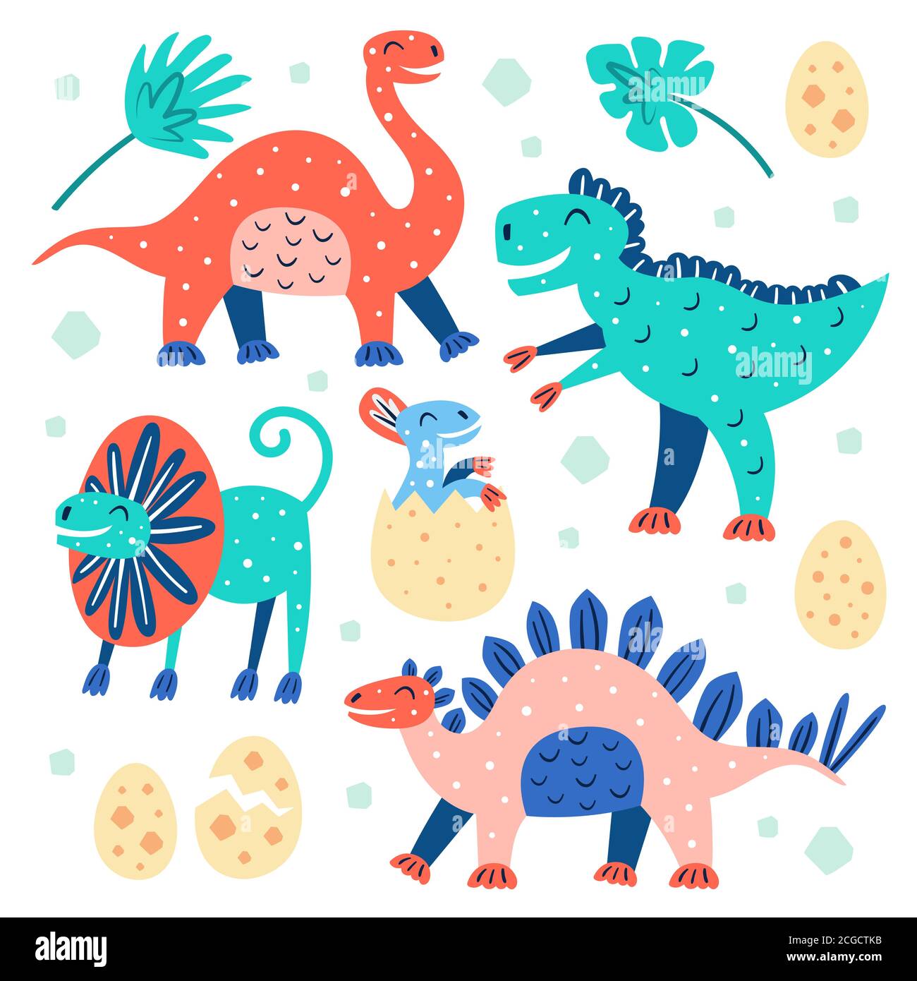 Set of little cute dinosaurs. Triceratops, T-rex, diplodocus, palm leaf ...