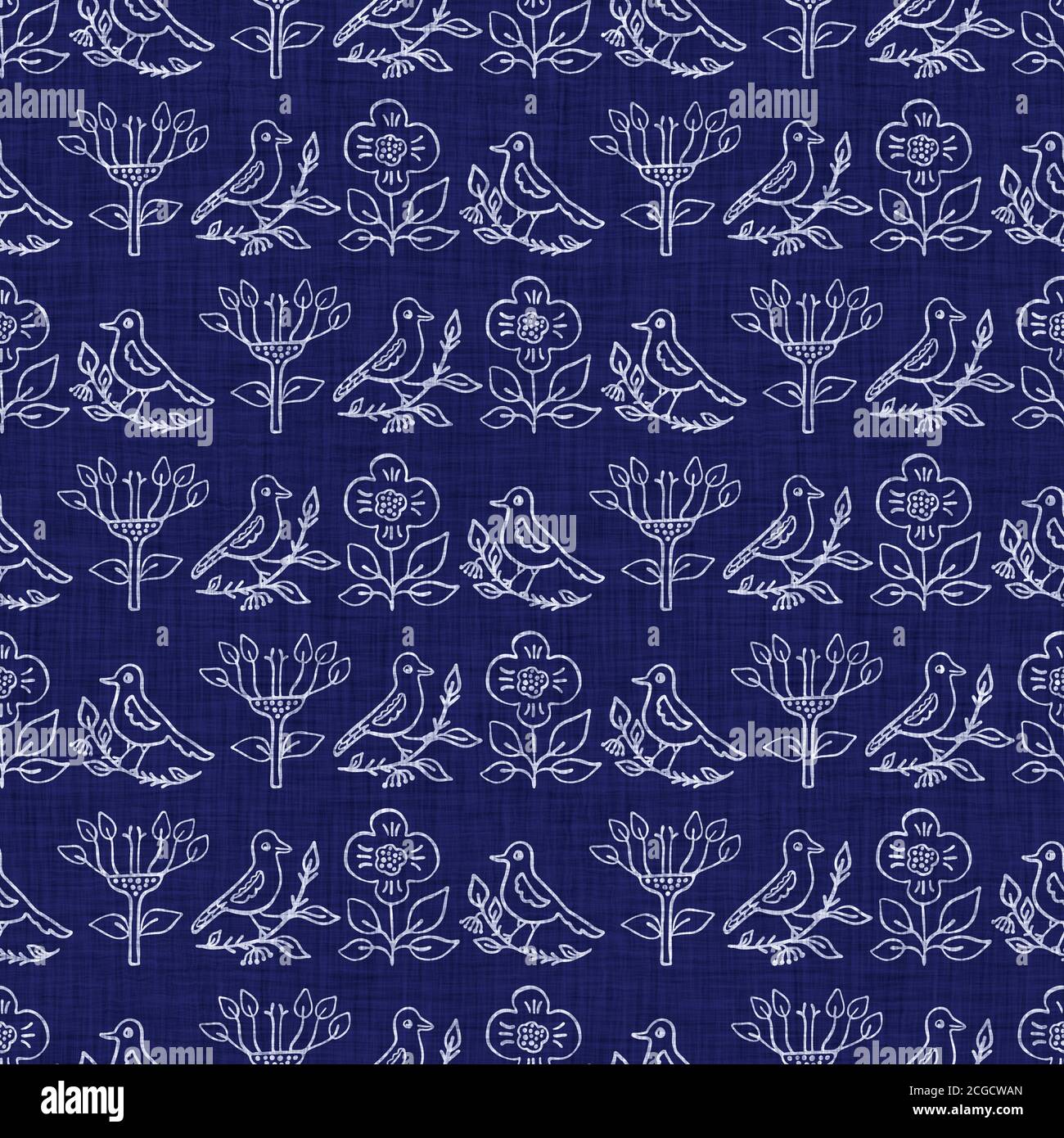 Indigo blue flower block print dyed linen texture background. Seamless ...