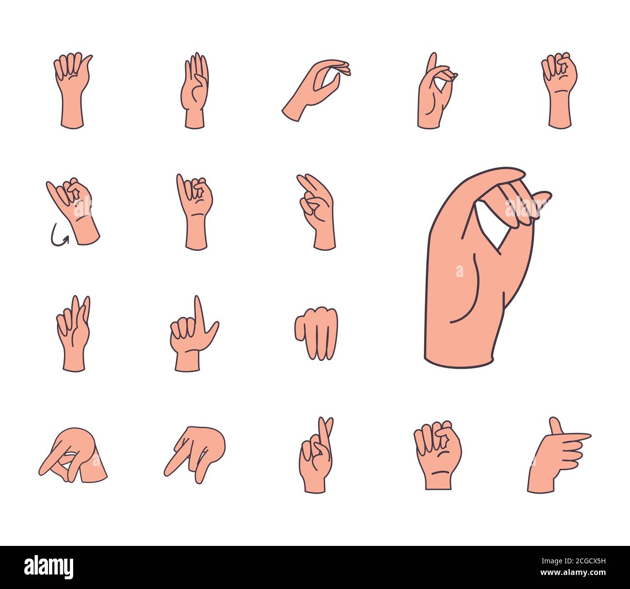 hand sign language alphabet line and fill style set of icons design of ...
