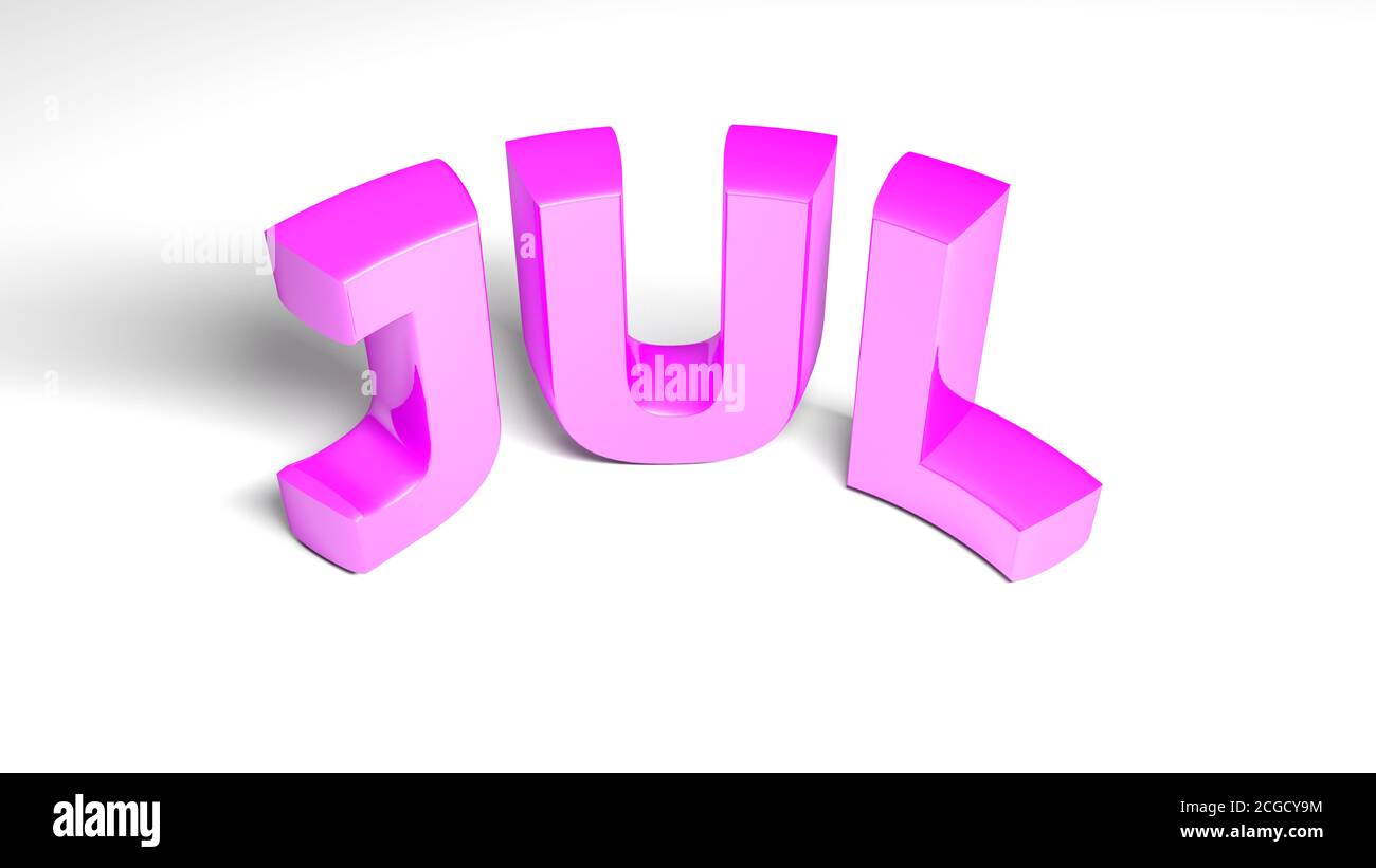 JUL for july, pink on white background - 3D rendering illustration ...