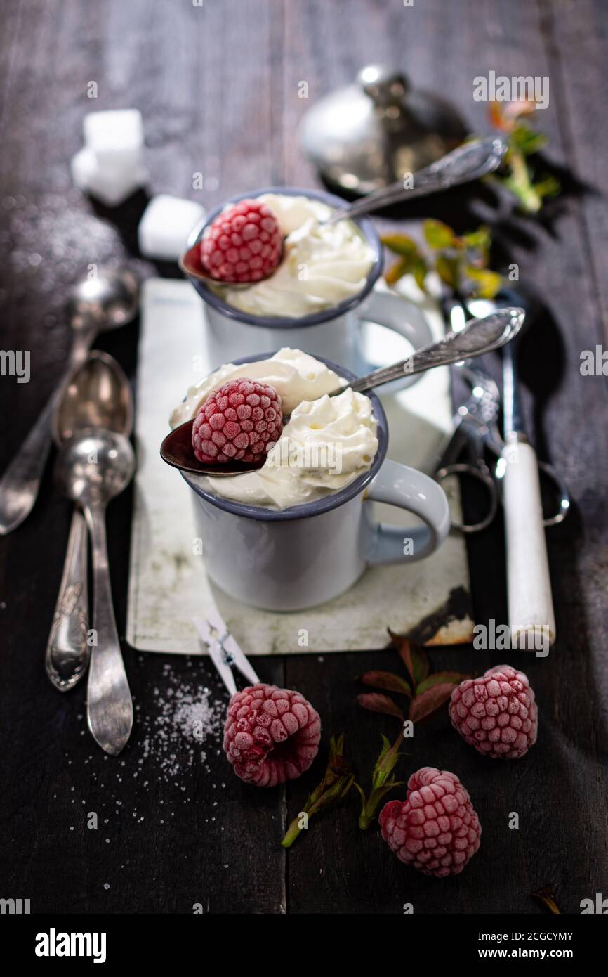 Cappuccino with raspberry.Coffee with dessert.Country style.Healthy ...