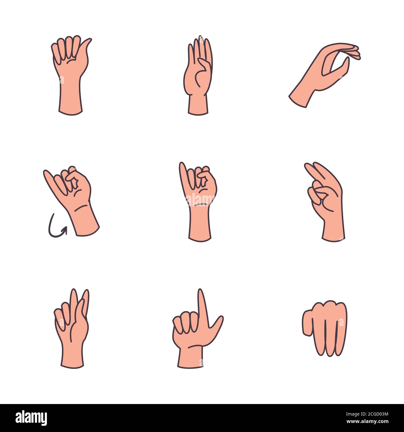 hand sign language alphabet line and fill style icon set design of ...