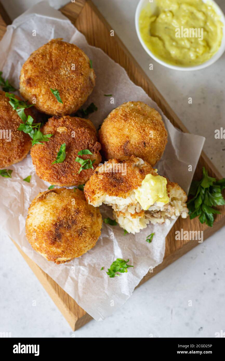 Classic homemade Italian arancini. Fried rice balls with minced meat ...