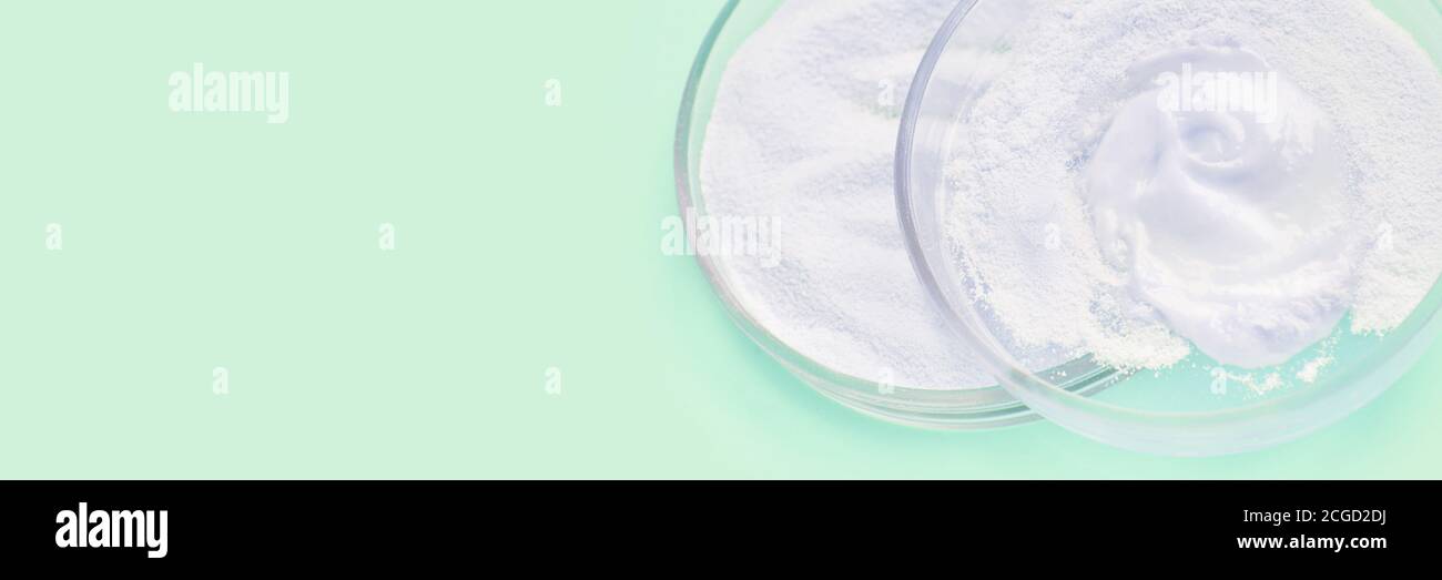 Collagen white powder. Pastel color background. Health product Stock ...