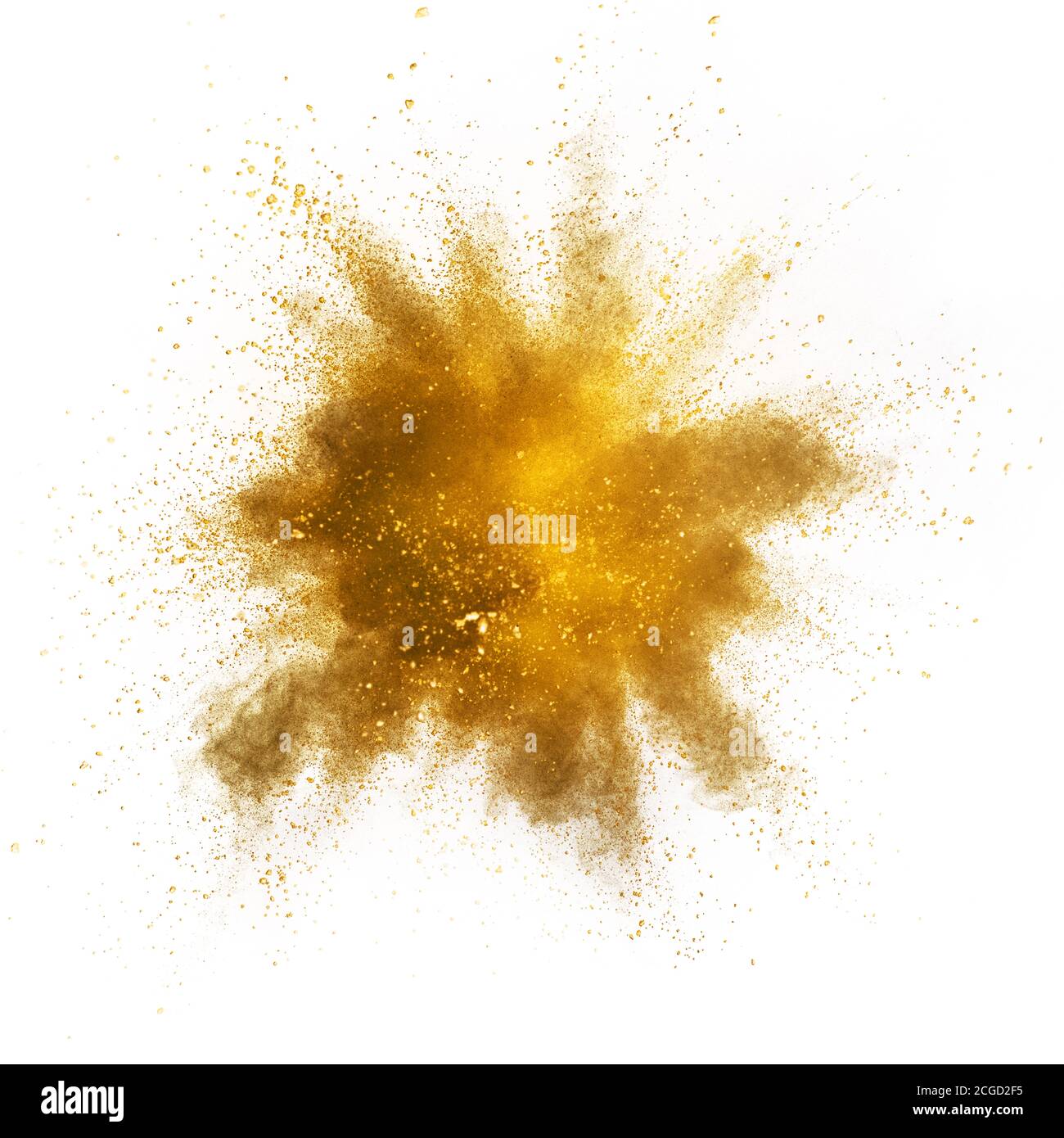 Explosion of yellow powder isolated on white background. Abstract ...